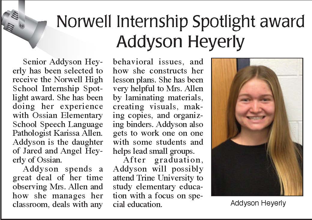 Norwell Internship Spotlight award Addyson Heyerly | News Banner