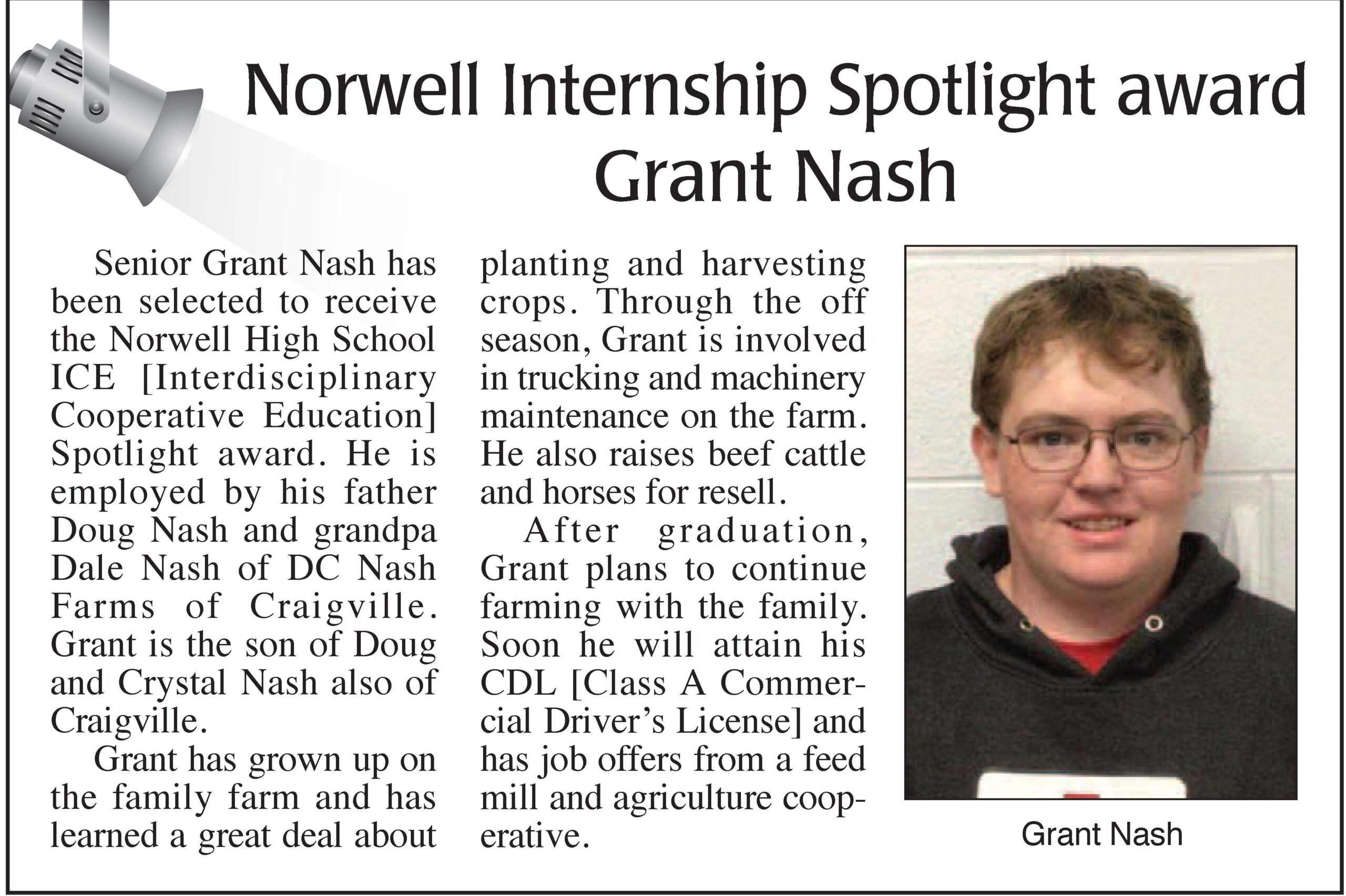 Norwell Internship Spotlight award Grant Nash | News Banner