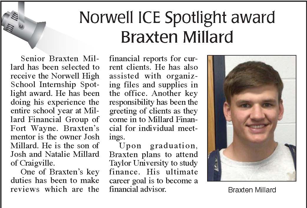 Norwell ICE Spotlight award Braxten Millard | News Banner