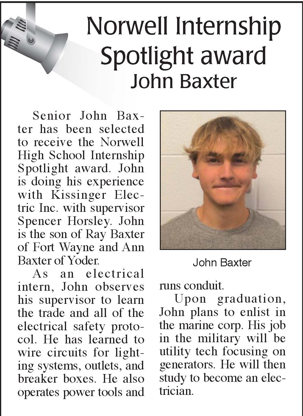 Norwell Internship Spotlight award John Baxter | News Banner